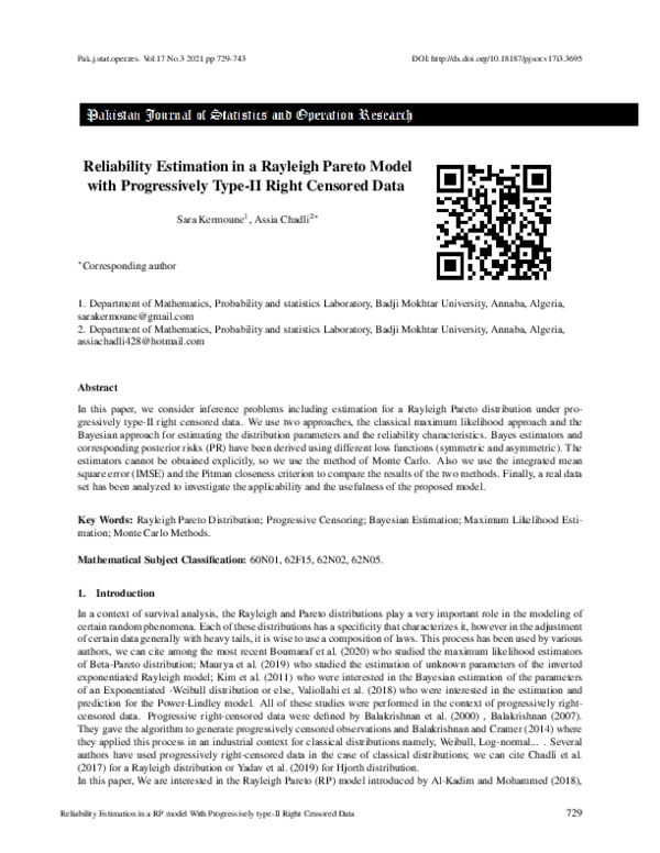 Pdf Reliability Estimation In A Rayleigh Pareto Model With Progressively Type Ii Right