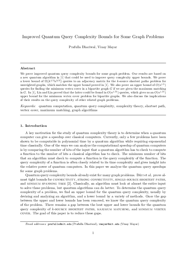 (PDF) Improved Quantum Query Complexity Bounds for Some Graph Problems