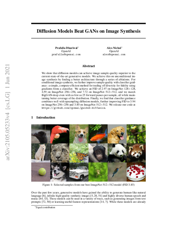 (PDF) Diffusion Models Beat GANs on Image Synthesis