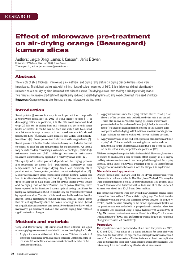 (PDF) Effect of microwave pre-treatment on air-drying orange (Beauregard) kumara slices