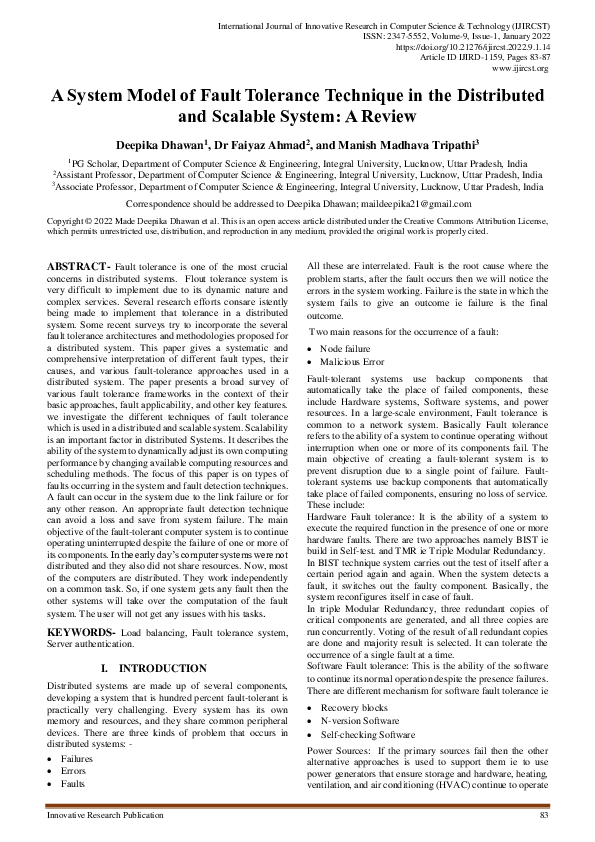 Pdf A System Model Of Fault Tolerance Technique In The Distributed And Scalable System A