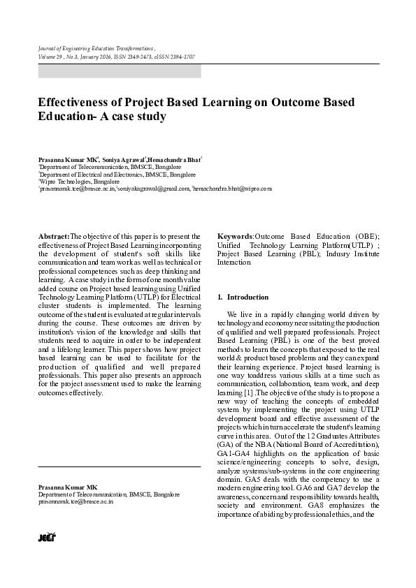 (PDF) Effectiveness of Project Based Learning on Outcome Based ...