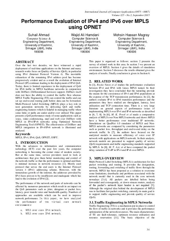 (PDF) Performance Evaluation of IPv4 and IPv6 over MPLS using OPNET