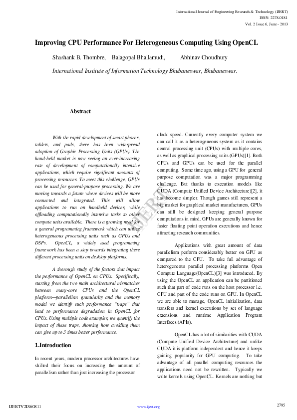 (PDF) Improving CPU Performance For Heterogeneous Computing Using OpenCL