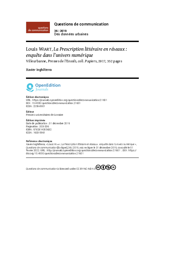 (PDF) Louis Wiart, La Prescription littéraire en réseaux : enquête dans ...