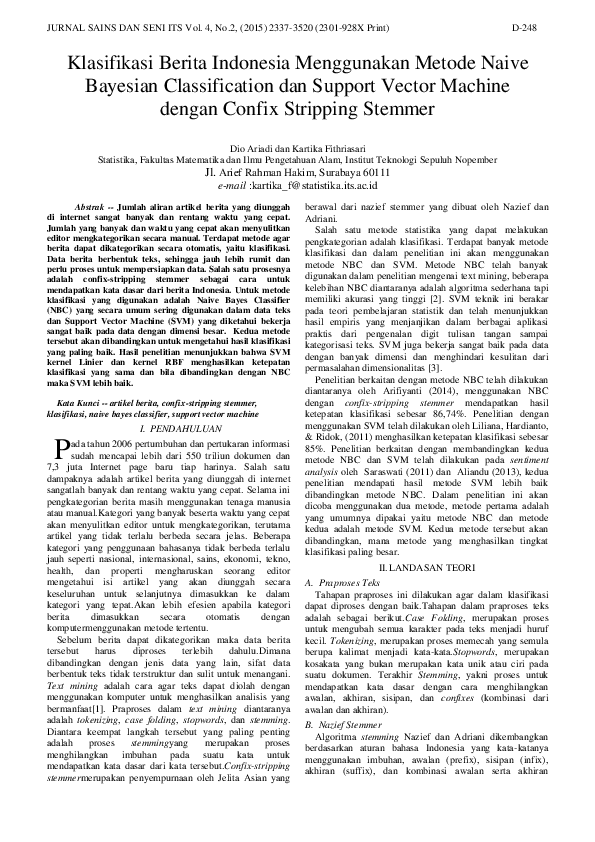 (PDF) Klasifikasi Berita Indonesia Menggunakan Metode Naive Bayesian Classification dan Support ...