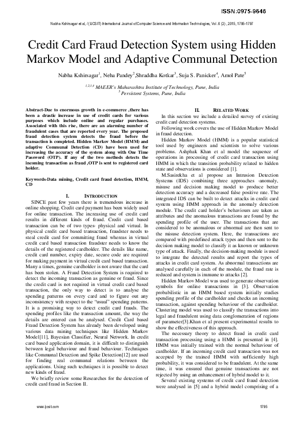 (PDF) Credit Card Fraud Detection System using Hidden Markov Model and Adaptive Communal Detection