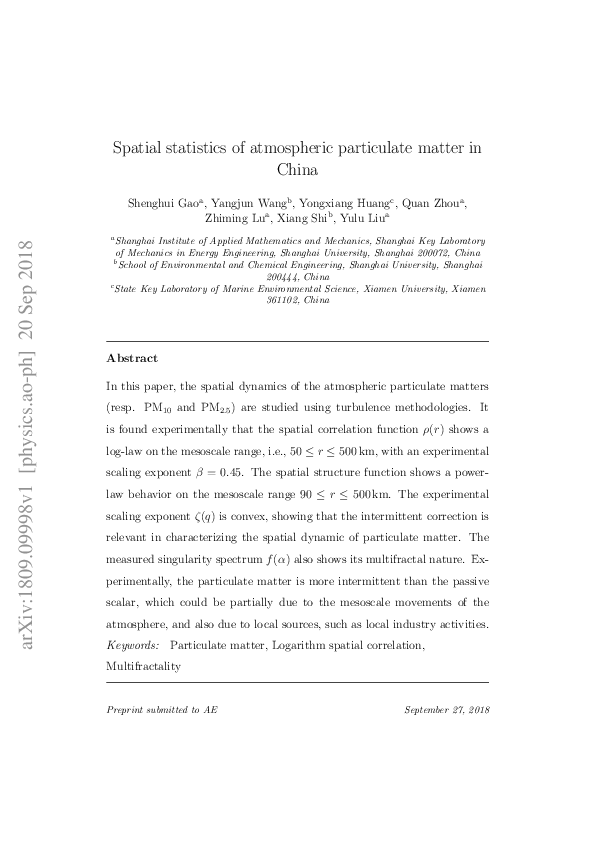(PDF) Spatial statistics of atmospheric particulate matter in China