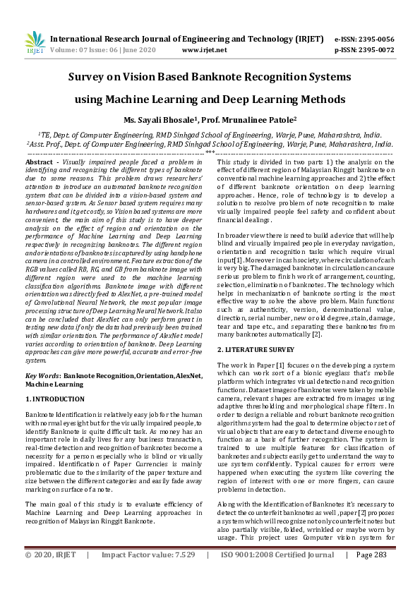 (PDF) Survey on Vision Based Banknote Recognition Systems using Machine Learning and Deep ...