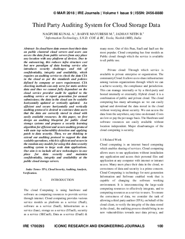 Pdf Third Party Auditing System For Cloud Storage Data