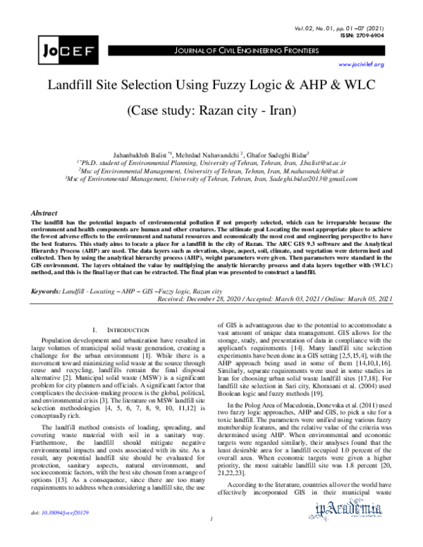 (PDF) Landfill Site Selection Using Fuzzy Logic & AHP & WLC (Case study: Razan city - Iran)