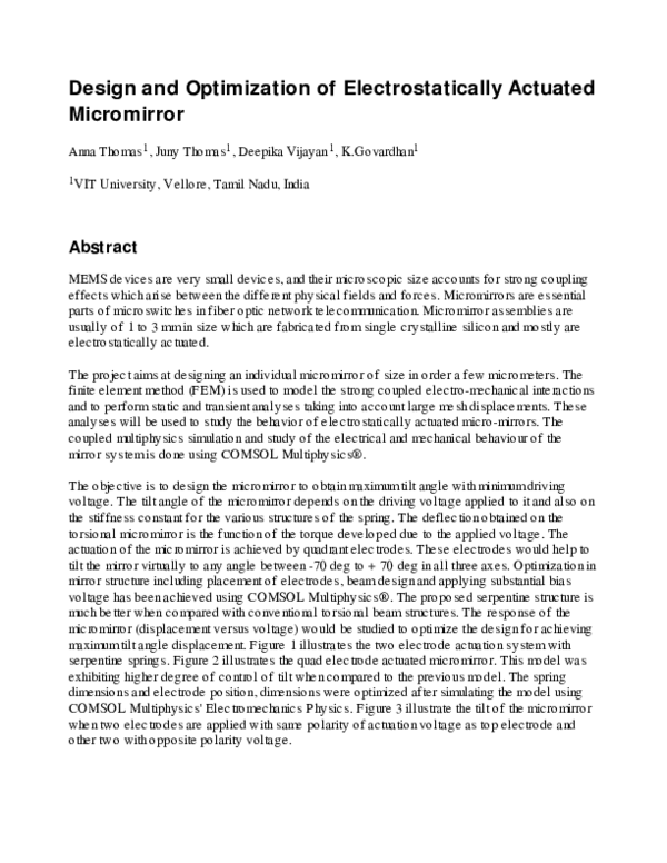 (PDF) Design and Optimization of Electrostatically Actuated Micromirror