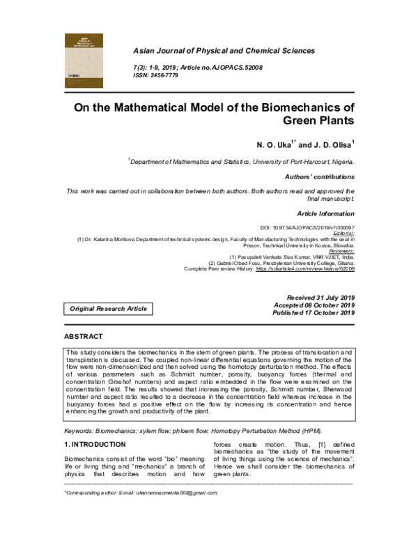 (PDF) On the Mathematical Model of the Biomechanics of Green Plants