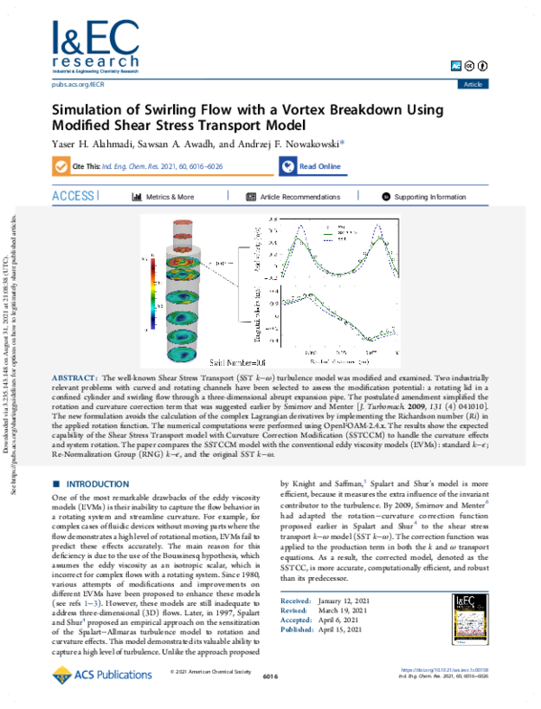 (PDF) Simulation of Swirling Flow with a Vortex Breakdown Using Modified Shear Stress Transport ...