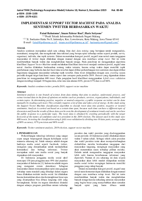 Pdf Implementasi Support Vector Machine Pada Analisa Sentimen Twitter Berdasarkan Waktu