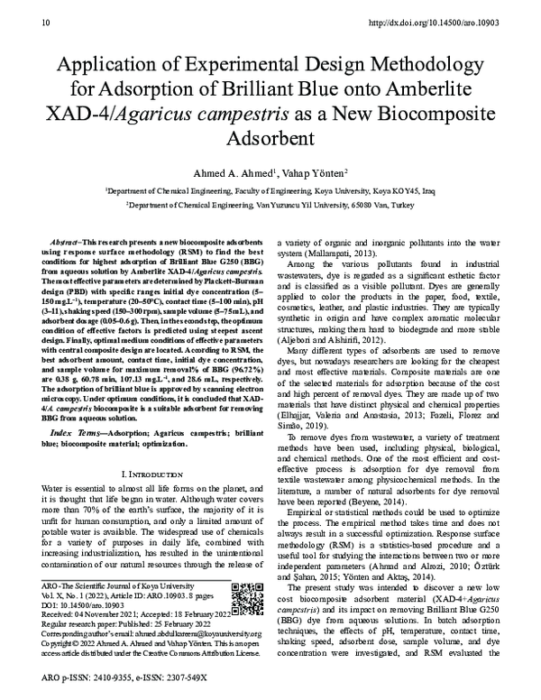 (PDF) Application of Experimental Design Methodology for Adsorption of ...