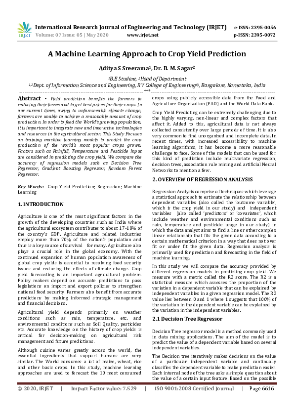 Pdf A Machine Learning Approach To Crop Yield Prediction