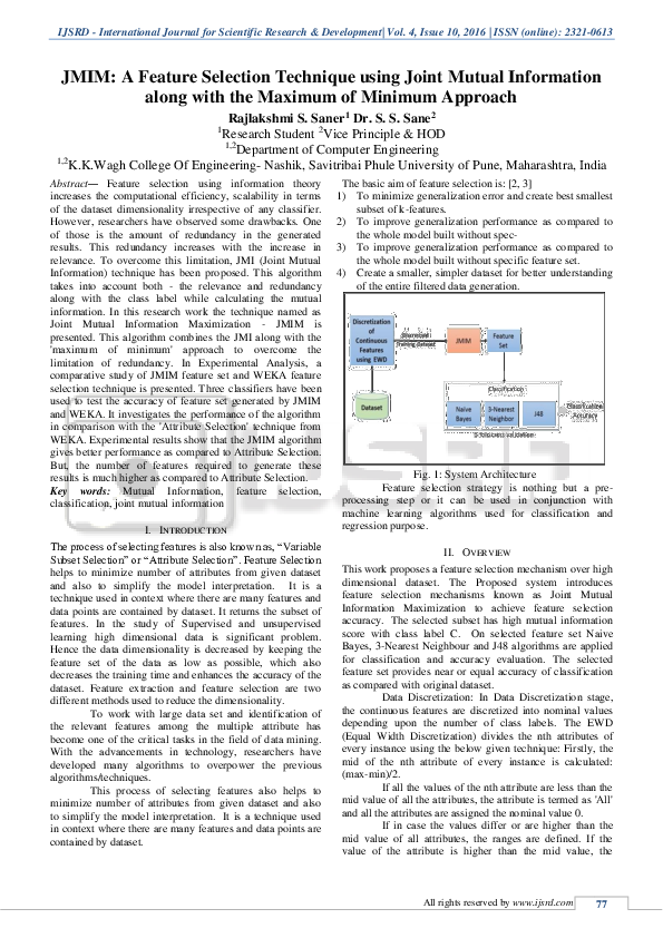 (PDF) JMIM : A Feature Selection Technique using Joint Mutual Information along with the Maximum ...