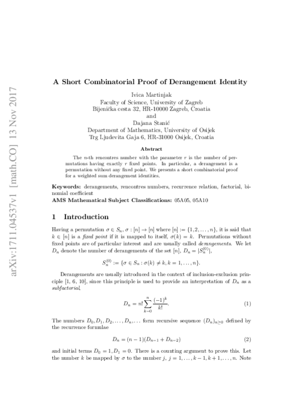 (PDF) A short combinatorial proof of derangement identity