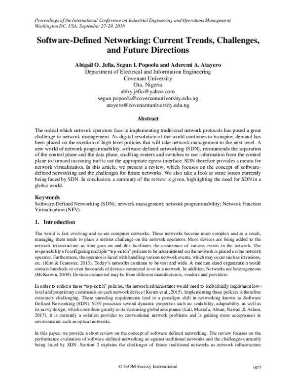 (PDF) Software-Defined Networking : Current Trends , Challenges , and Future Directions