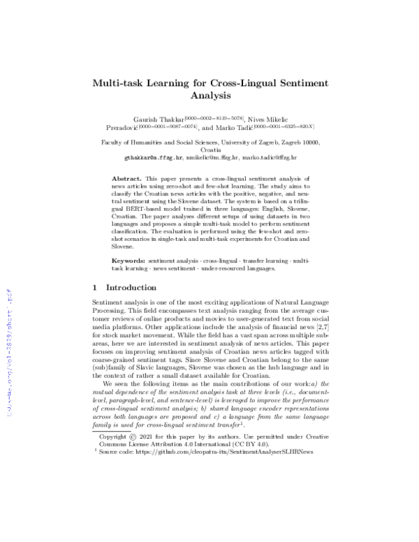 (PDF) Multi-task Learning for Cross-Lingual Sentiment Analysis