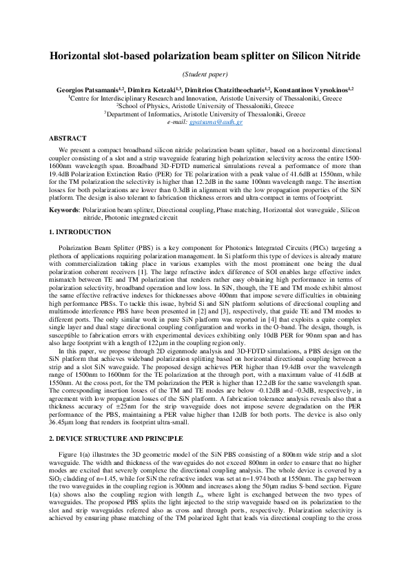 (PDF) Horizontal slot-based polarization beam splitter on Silicon Nitride