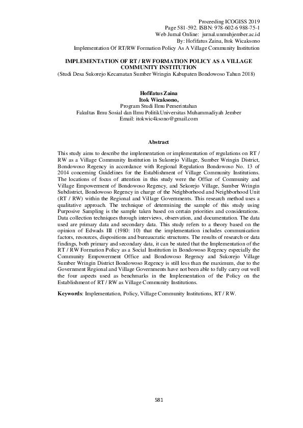 (PDF) Implementation of RT / RW Formation Policy as a Village Community ...