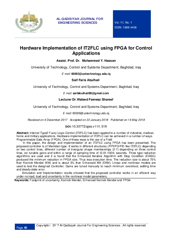 (PDF) Hardware Implementation of IT2FLC using FPGA for Control Applications