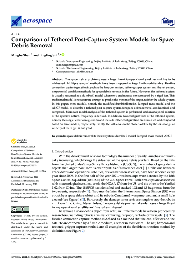 (PDF) Comparison of Tethered Post-Capture System Models for Space Debris Removal