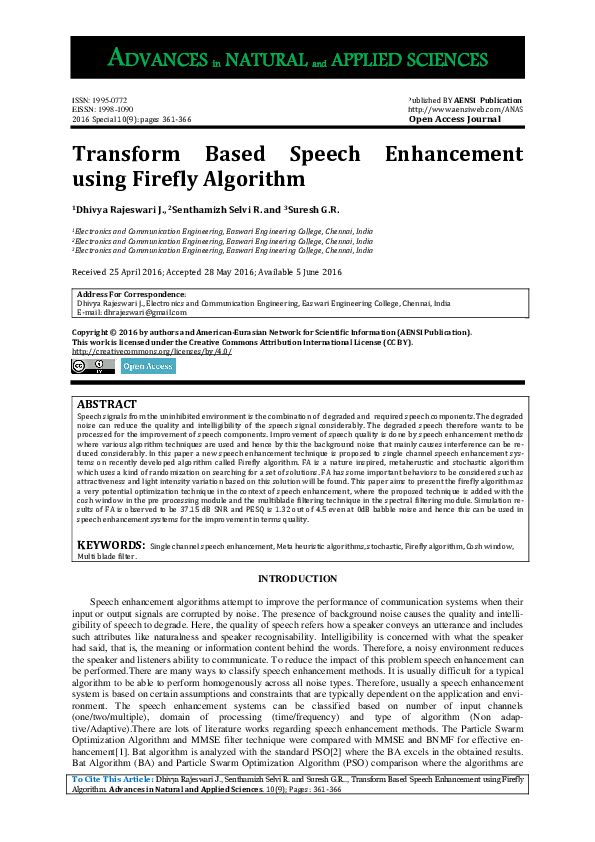 Pdf Transform Based Speech Enhancement Using Firefly Algorithm