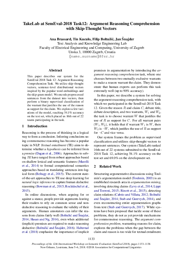(PDF) TakeLab at SemEval-2018 Task12: Argument Reasoning Comprehension with Skip-Thought Vectors