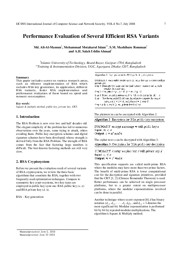 (PDF) Performance Evaluation of Several Efficient RSA Variants