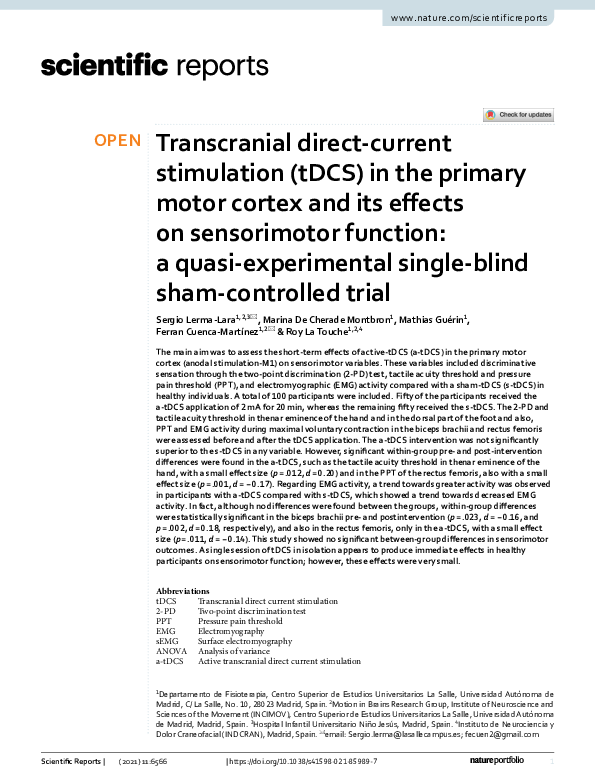 (PDF) Transcranial direct-current stimulation (tDCS) in the primary motor cortex and its effects ...