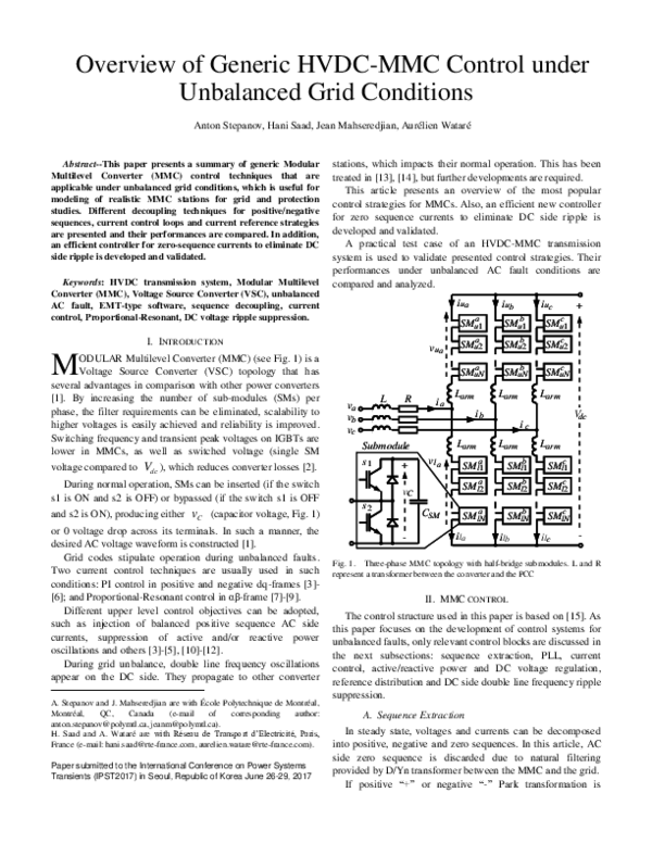 (PDF) Overview of Generic HVDC-MMC Control under Unbalanced Grid Conditions