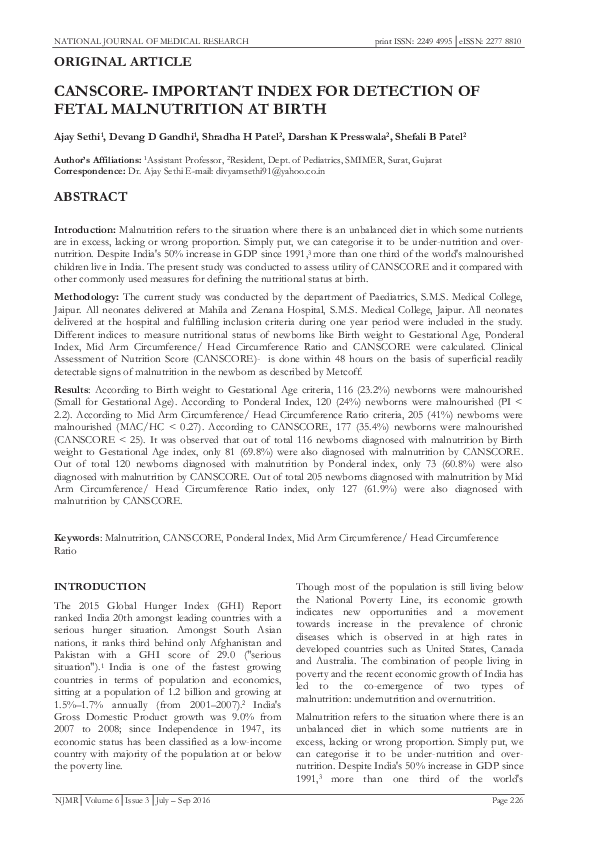 (PDF) CANSCORE- Important Index For Detection of Fetal Malnutrition at ...