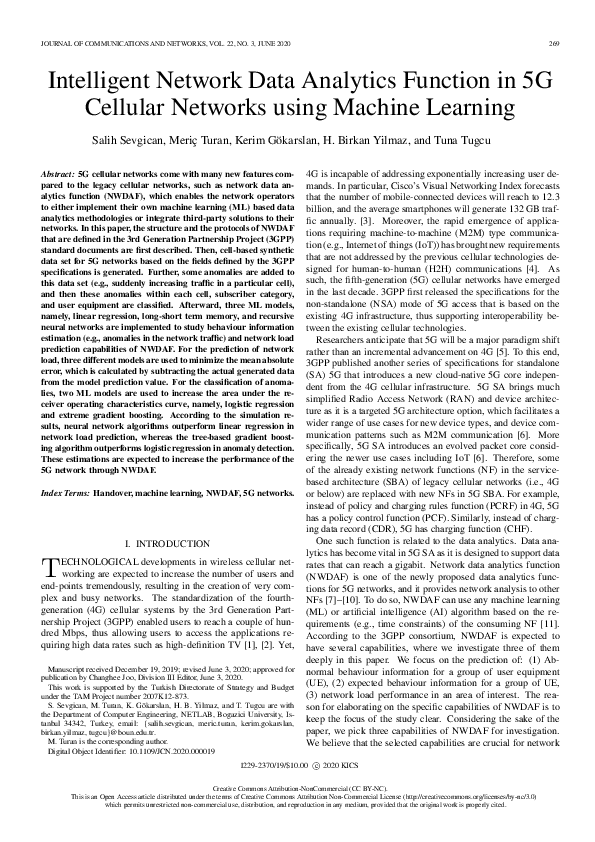 (PDF) Intelligent network data analytics function in 5G cellular networks using machine learning