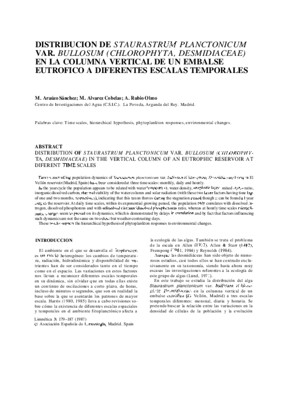 (PDF) Distribución de Staurastrum Planctonicum var. Bullosum (Chlorophyta, Desmidiaceae) en La ...