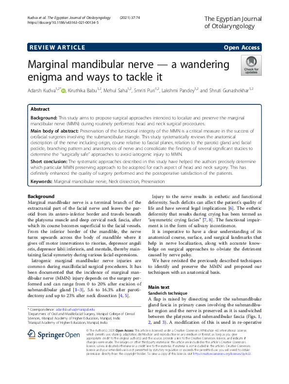 (PDF) Marginal mandibular nerve — a wandering enigma and ways to tackle it