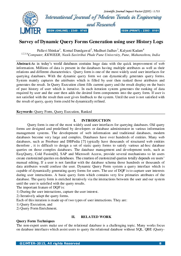 Pdf Survey Of Dynamic Query Forms Generation Using User History Logs