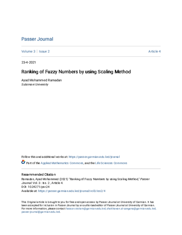 (PDF) Ranking of Fuzzy Numbers by using Scaling Method