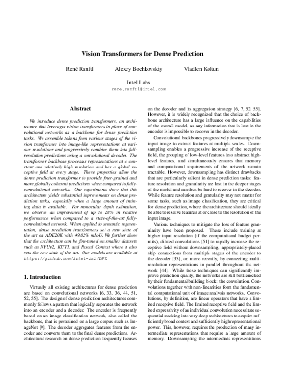(PDF) Vision Transformers for Dense Prediction