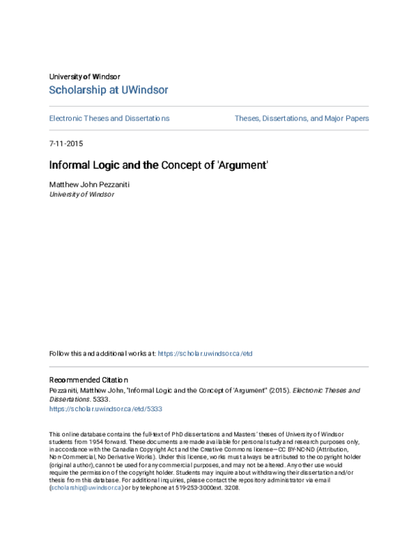 (PDF) Informal Logic and the Concept of 'Argument