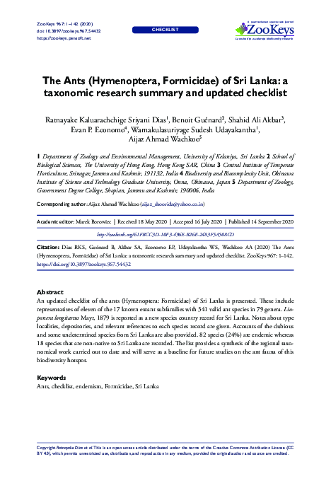 (PDF) The Ants (Hymenoptera, Formicidae) of Sri Lanka: a taxonomic research summary and updated ...