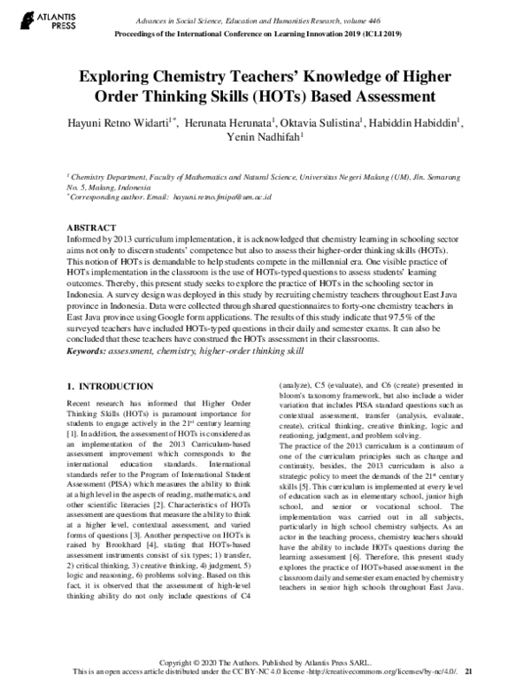(PDF) Exploring Chemistry Teachers’ Knowledge of Higher Order Thinking Skills (HOTs) Based ...