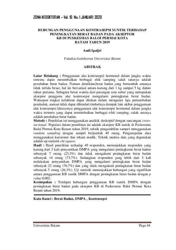 (PDF) Hubungan Penggunaan Kontrasepsi Suntik Terhadap Peningkatan Berat Badan Pada Akseptor KB ...