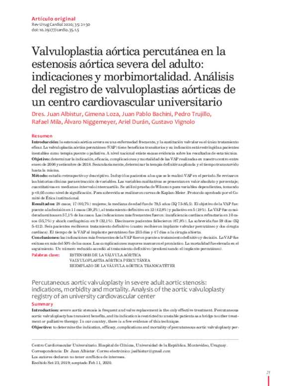 (PDF) Valvuloplastia aórtica percutánea en la estenosis aórtica severa ...