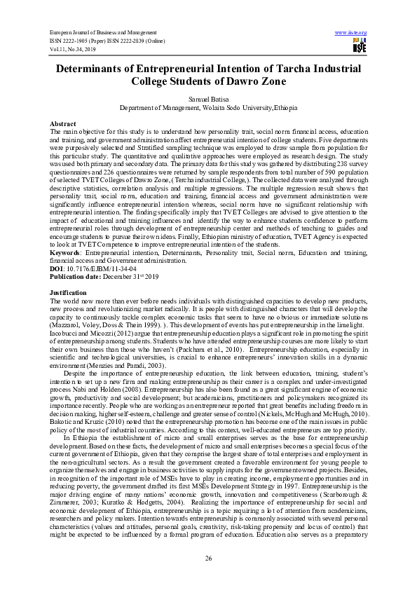 (PDF) Determinants of Entrepreneurial Intention of Tarcha Industrial ...