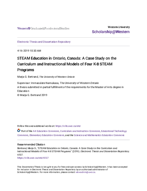 (PDF) STEAM Education in Ontario, Canada: A Case Study on the ...