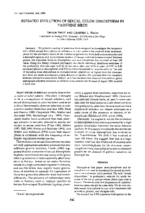 (PDF) Repeated Evolution of Sexual Color Dimorphism in Passerine Birds