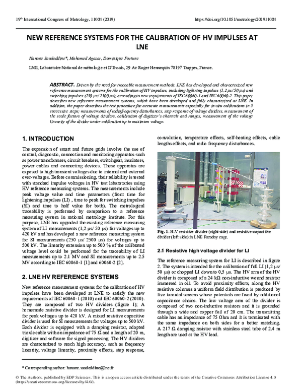 (PDF) New reference systems for the calibration of HV impulses at LNE